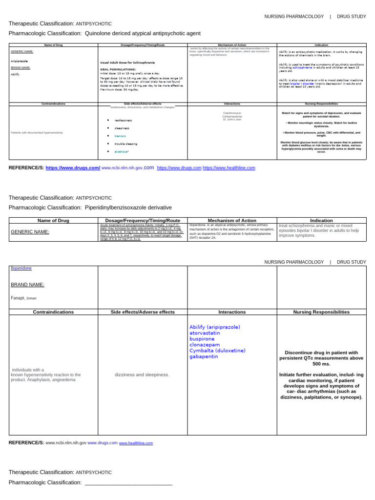 Nursing Pharmacology Drug Study Guide | PDF | Antipsychotic | Pharmacology