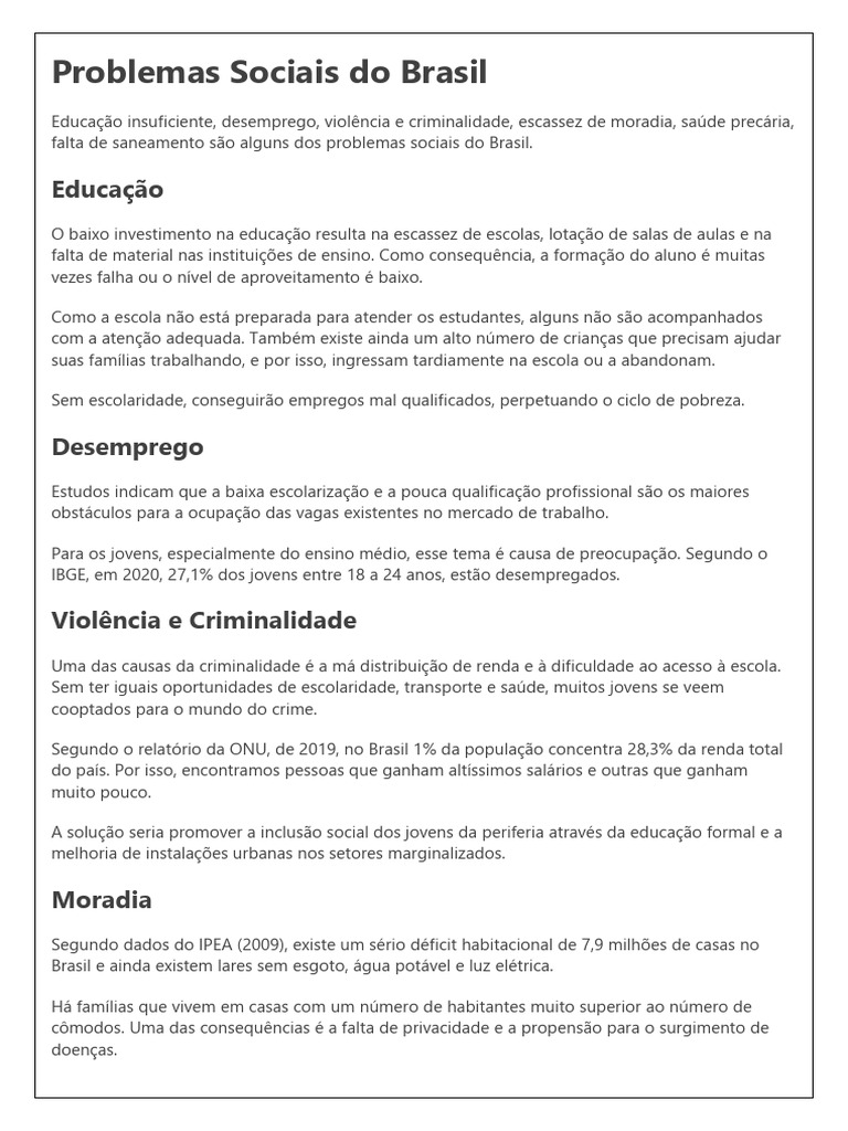 Problemas Sociais no Brasil | PDF | Saneamento | Brasil