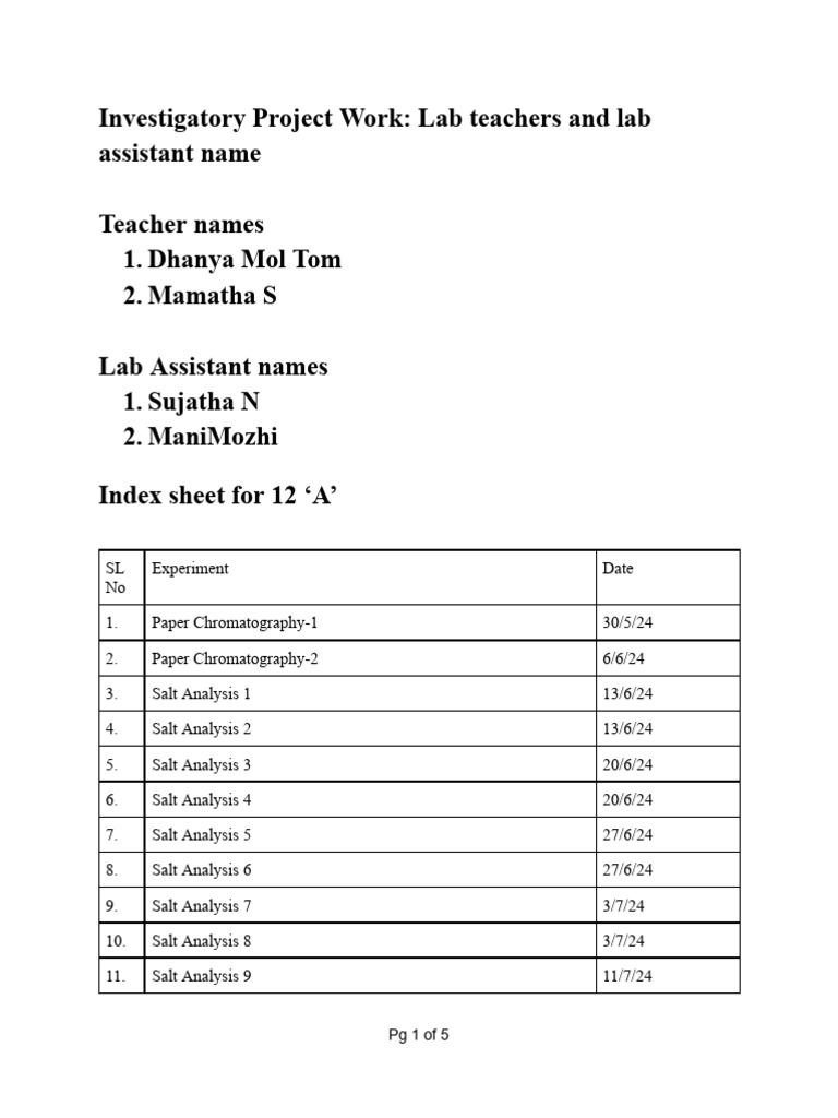 Lab Experiment Schedule for Class 12 | PDF | Salt (Chemistry) | Acid
