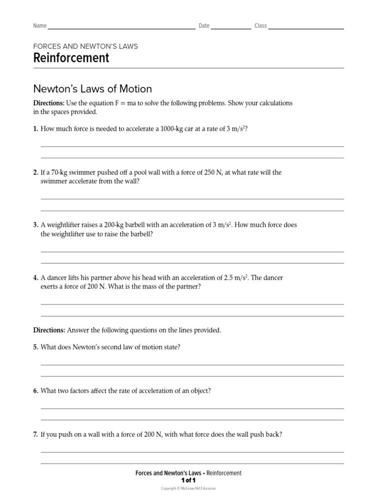 Reinforcement - Newton's Laws of Motion | PDF