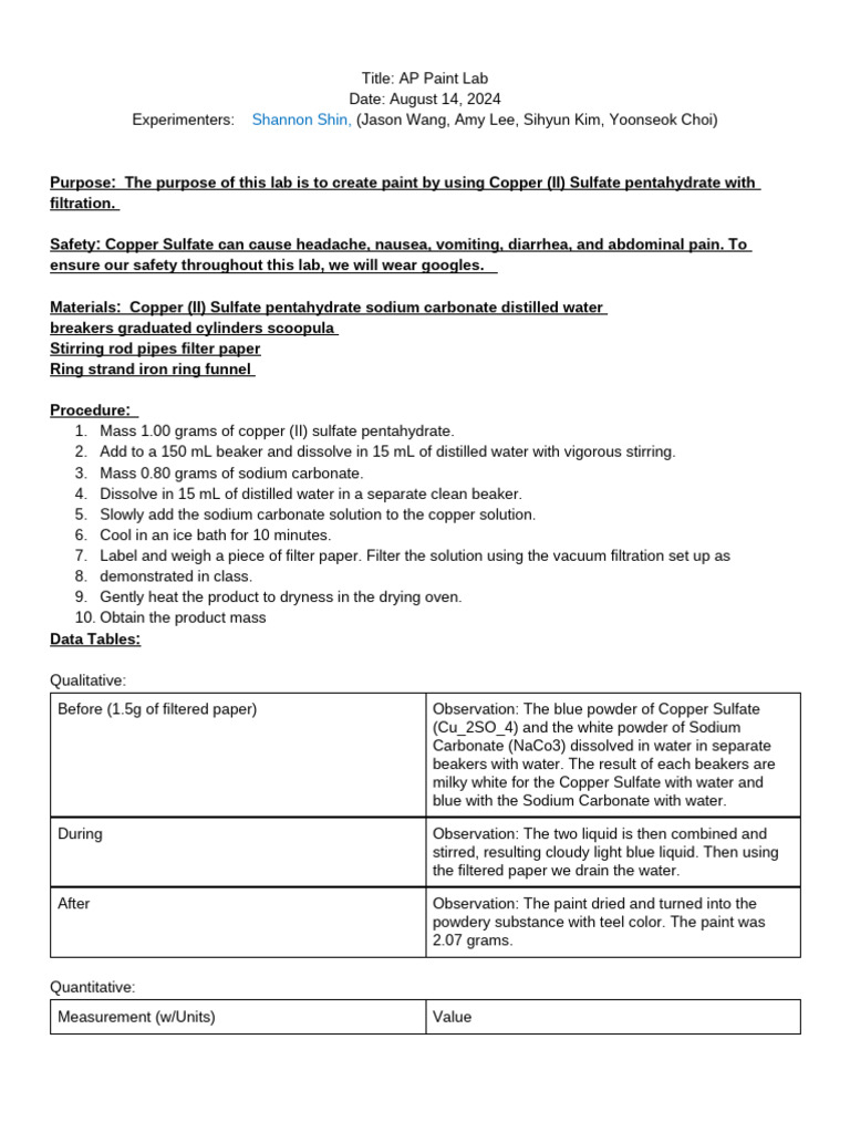 AP Chemistry Lab Report Paint Lab | PDF | Filtration | Chemistry