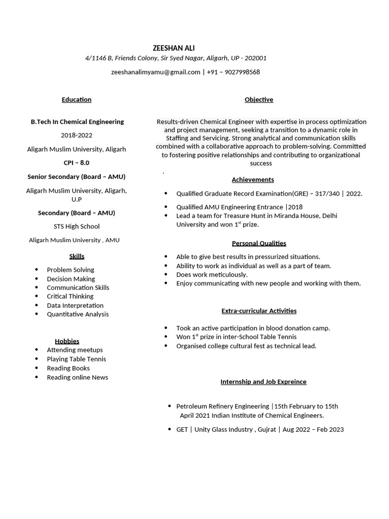 Zeeshan Ali 22nd Century Technologies Resume | PDF | Graduate Record Examinations