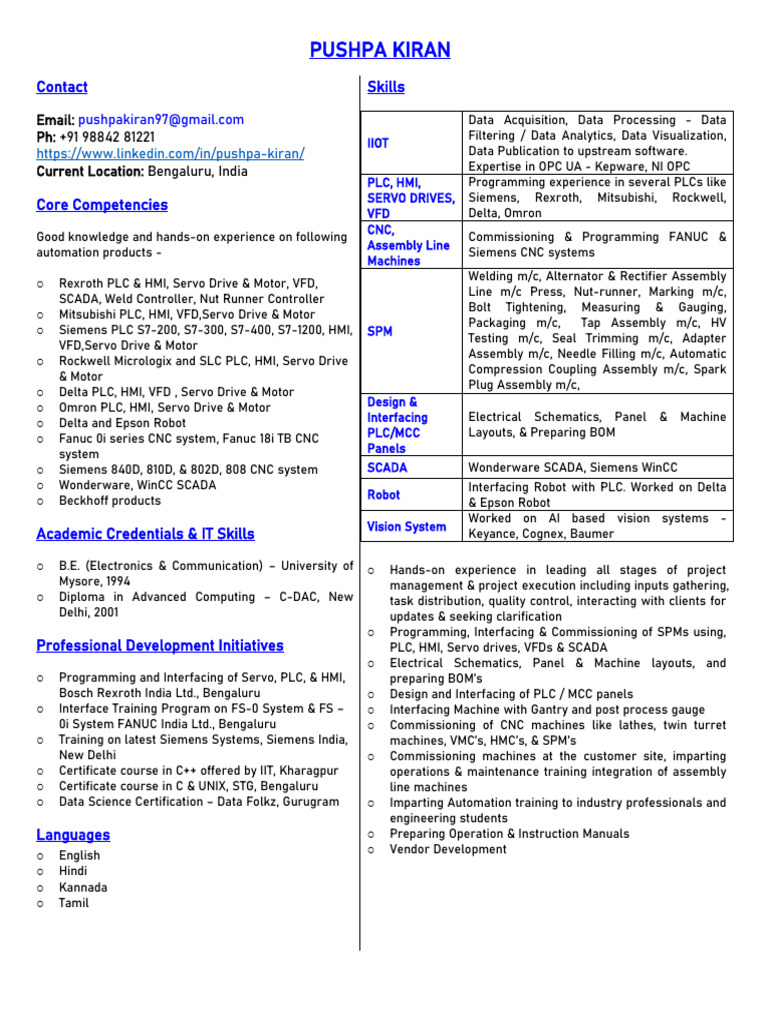 Pushpa Kiran Resume - July 2024 | PDF | Programmable Logic Controller | Automation