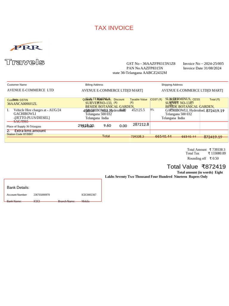 Invoice for D Mart Vehicle Hire Charges | PDF | Sales | Public Finance