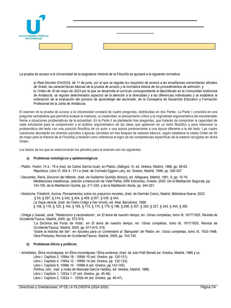 Directrices_OrientacionesyModelo_de_examen_H_de_la_Filosofia_24_25_v3 | PDF | Vida | Pensamiento