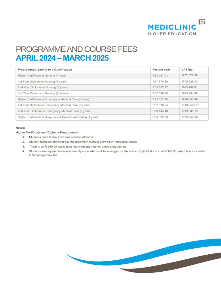 Mediclinic Programme and Course Fee | PDF | Nursing | Paramedic