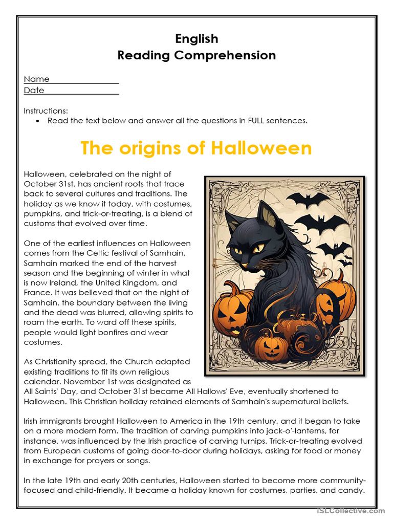 Reading Comprehension - The Origins of Halloween | PDF | Halloween ...