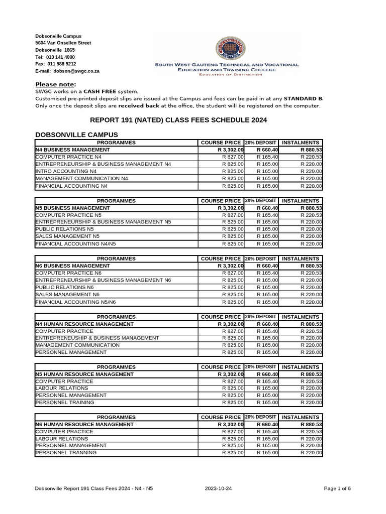 Dobsonville Report 191 Class Fees 2024 N4 N6 Full Time or Part Time ...