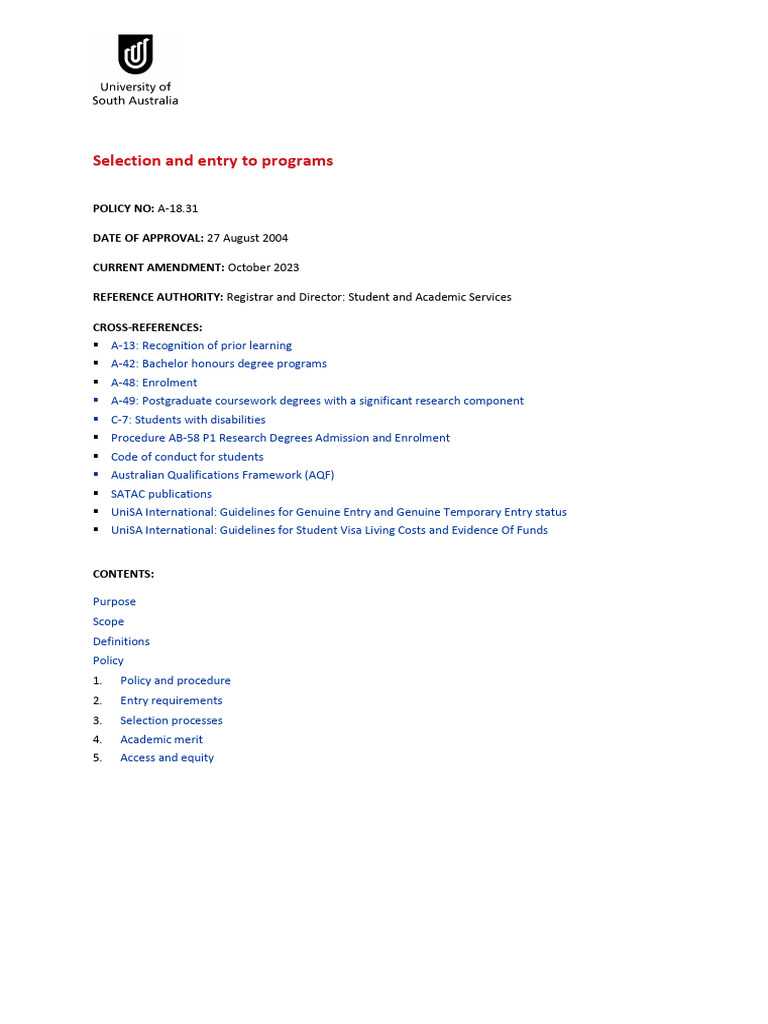 A 18 Selection and Entry To Programs | PDF | Academic Degree ...