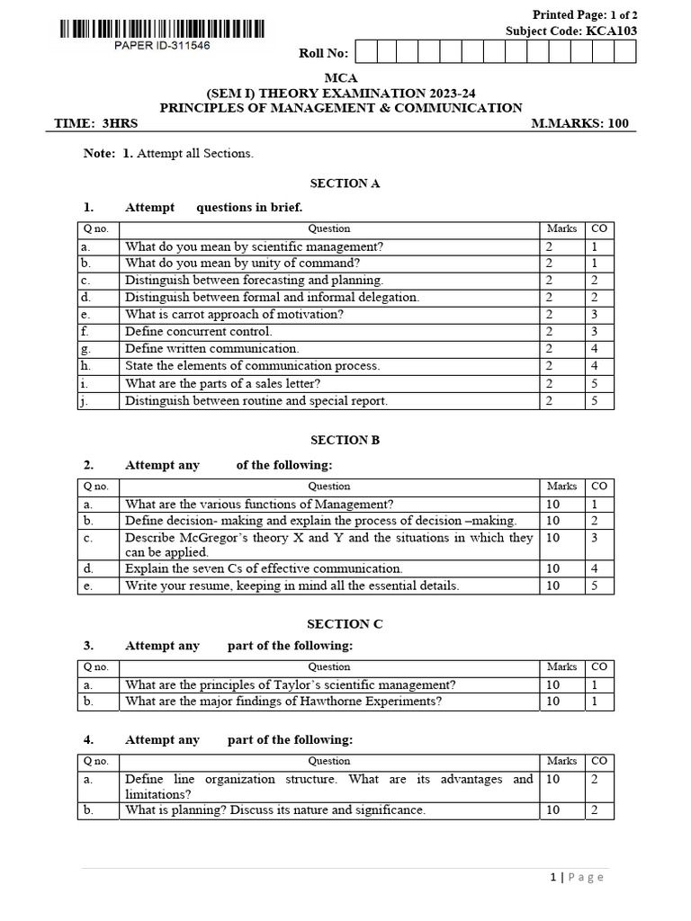 Mca 1 Sem Principles of Management Communication Kca103 Mar 2024 | PDF