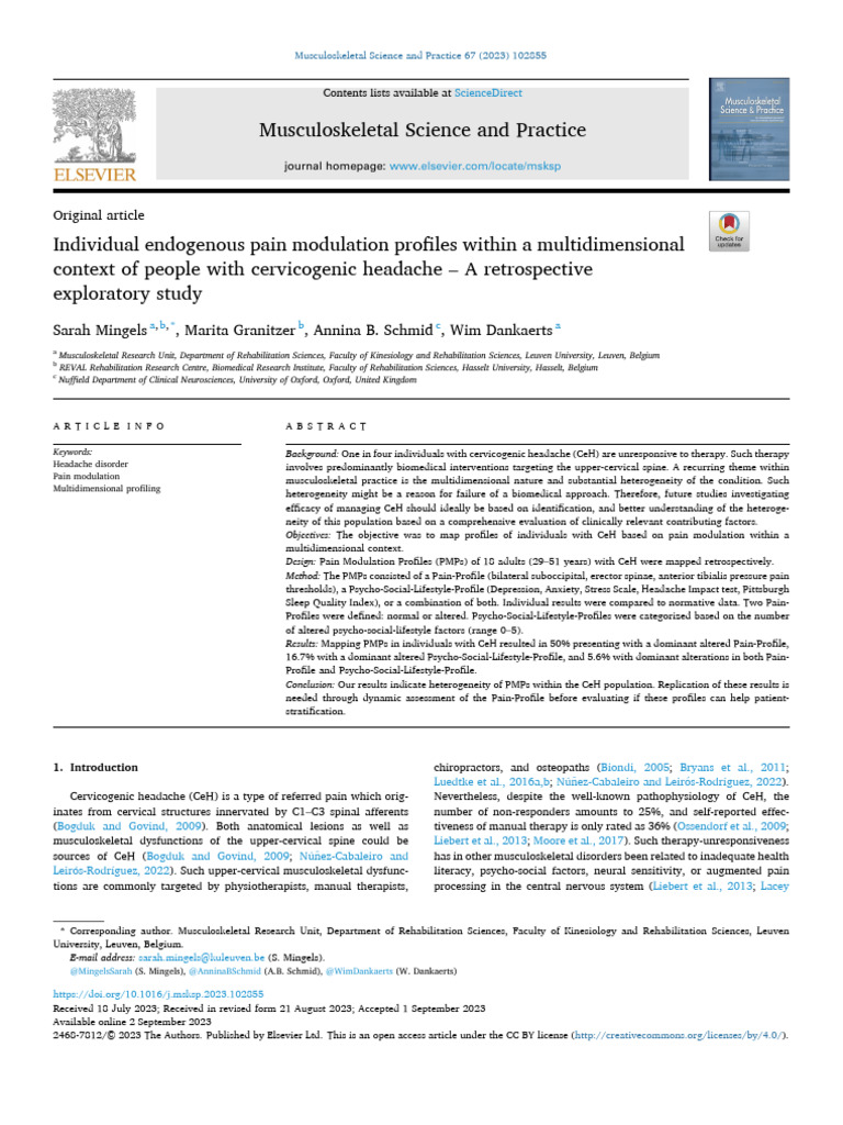 Individual Endogenous Pain Modulation Profiles Within A M 2023 ...