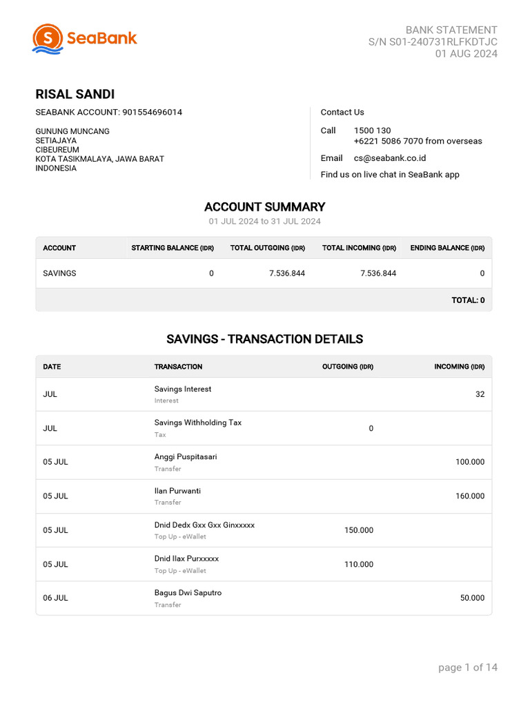 Seabank Statement 20241019 | PDF | Business Documents | Money