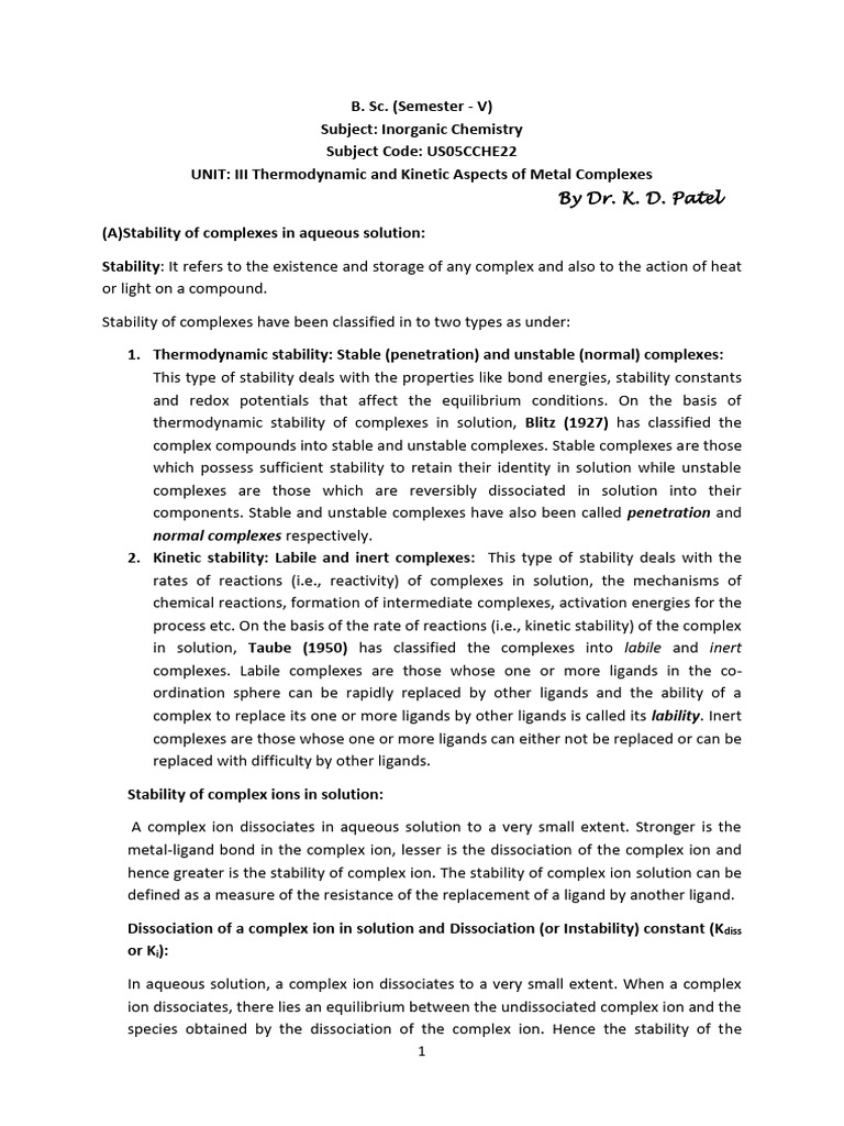 UNIT III (Sem-V) Thermodynamic and Kinetic Aspects of Metal Complexes ...