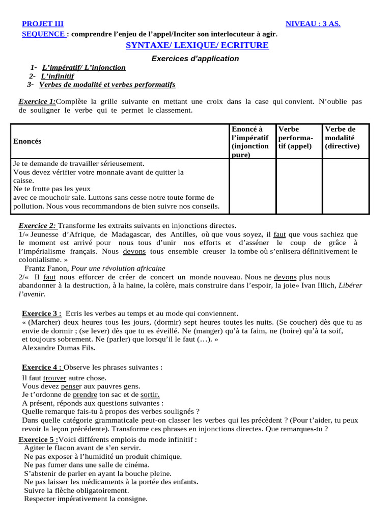 Exercices sur l'impératif et l'infinitif | PDF | Phrase | Verbe