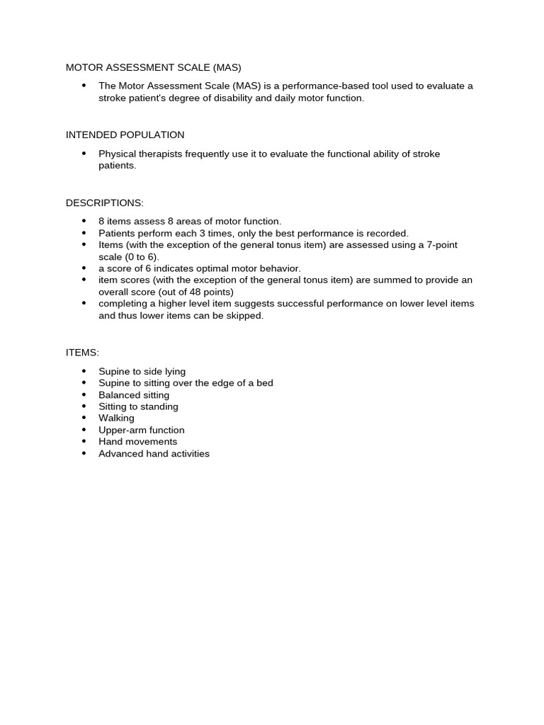 Motor Assessment Scale for Stroke Patients | PDF | Anatomical Terms Of ...