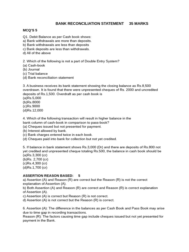 BANK RECONCILIATION STATEMENT TEST | PDF | Banks | Cheque