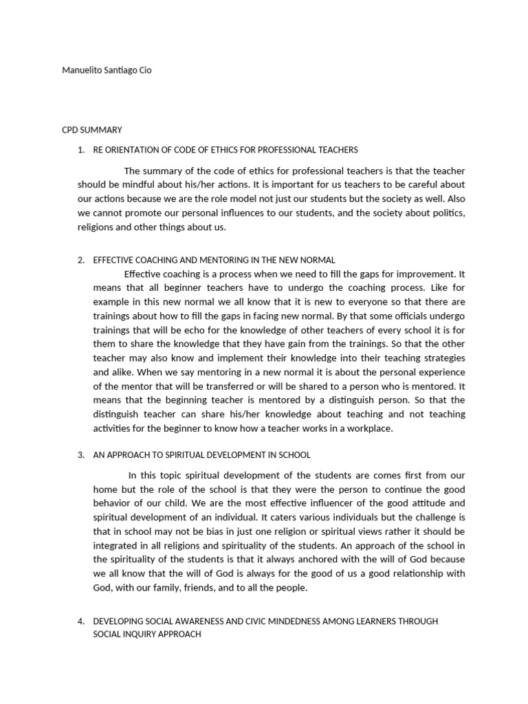 CPD Summary For Maam Jovelyn | PDF | Optimism | Teachers