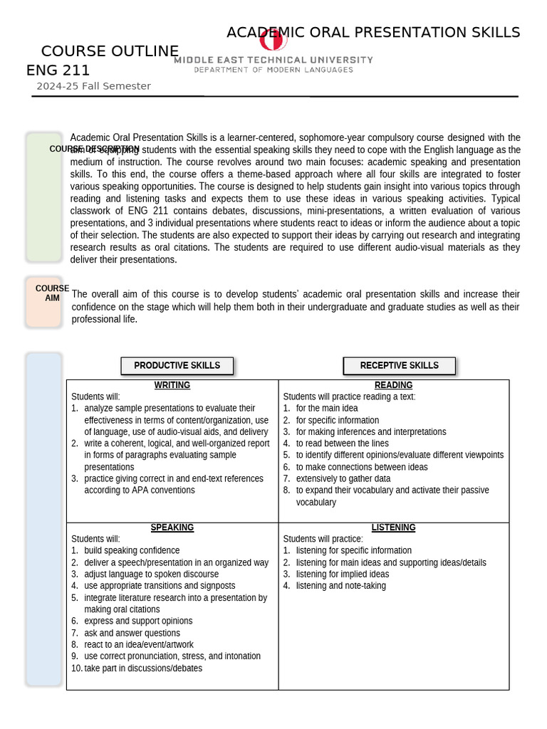 ENG 211 2024-25 Course Outline | PDF | Public Speaking | Vocabulary