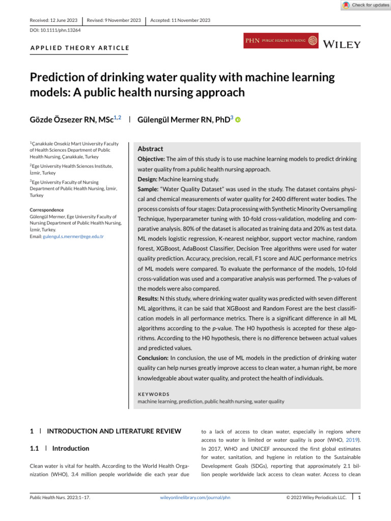 P16 Prediction of Drinking Water Quality With Machine Learning | PDF ...
