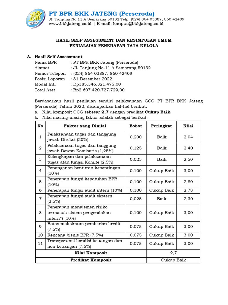 Penilaian-Penerapan-Tata-Kelola-Tahun-2022-PT-BPR-BKK-Jateng | PDF Penilaian-Penerapan-Tata-Kelola-Tahun-2022-PT-BPR-BKK-Jateng | PDF