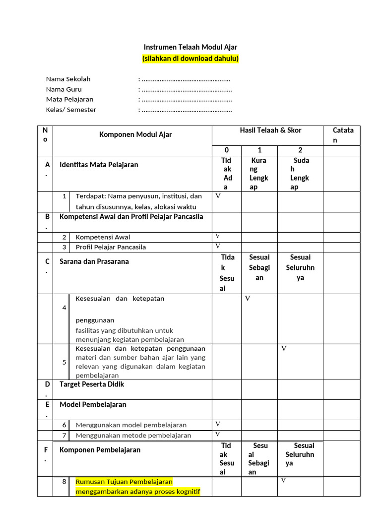 Instrumen Telaah Modul Ajar Kelompok 3 (Ustadz-Ustadz) | PDF
