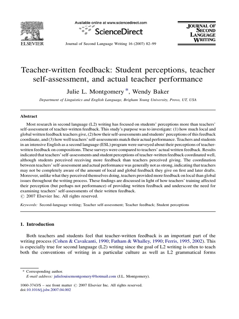Teacher-Written Feedback: Student Perceptions, Teacher Self-Assessment, and Actual Teacher ...