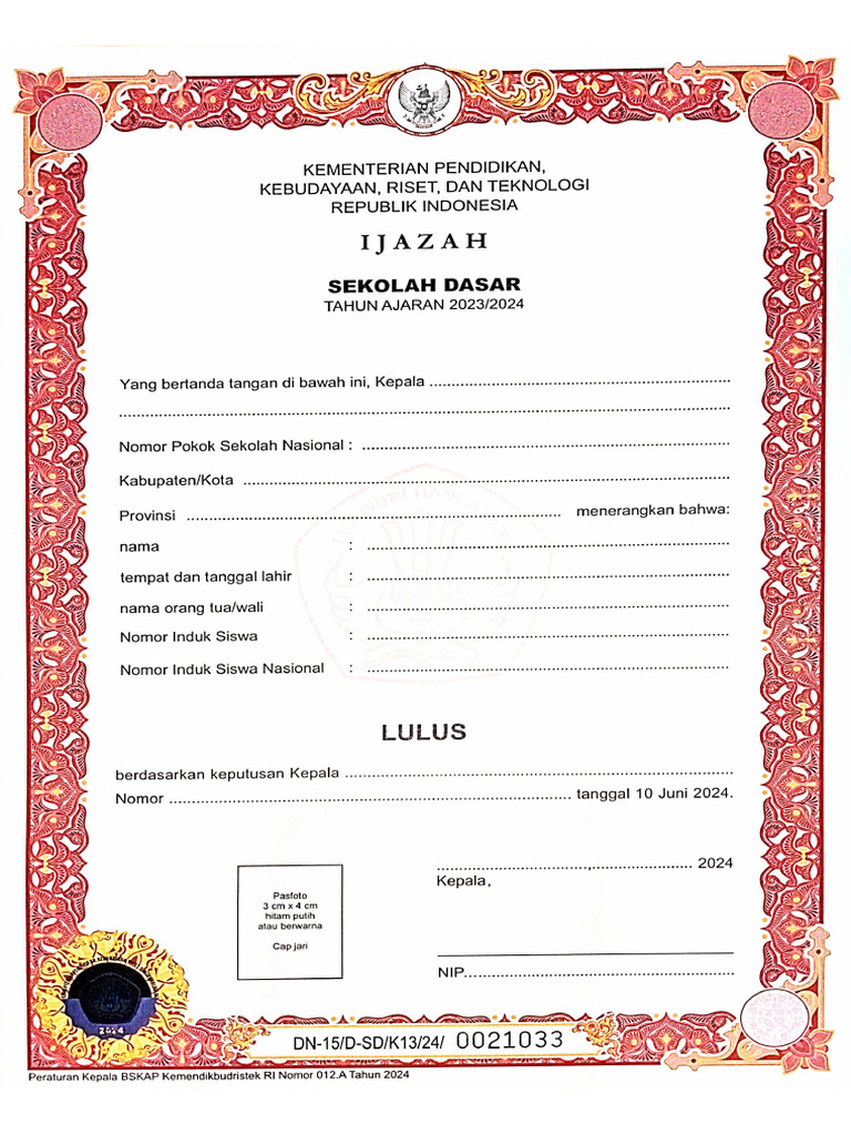 Blangko Ijazah 2023-2024 | PDF