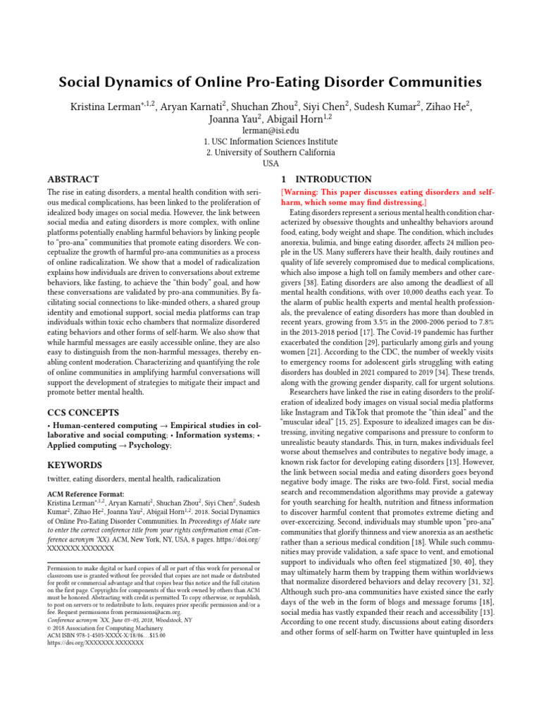 Social Dynamics of Online Pro-Eating Disorder Communities | PDF ...