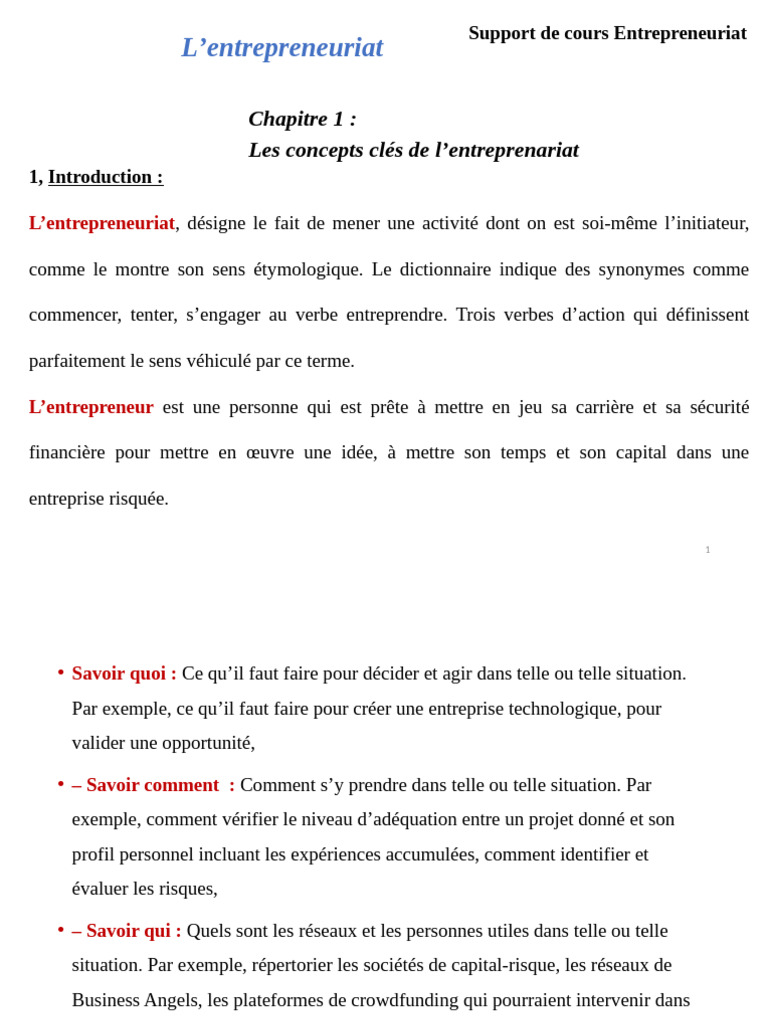 Support de Cours Entrepreneuriat | PDF | Entrepreneuriat | Plan d'affaires