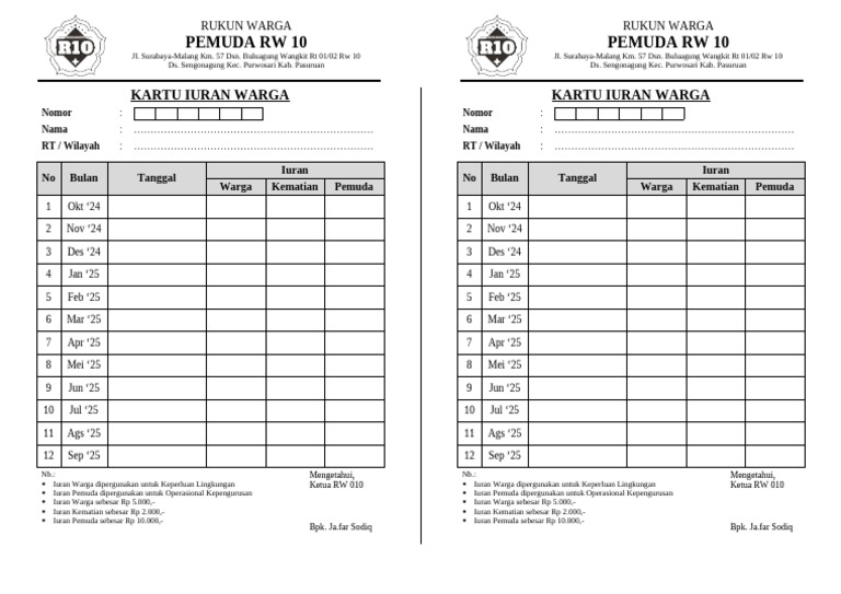 Contoh Kartu Iuran (A4 - 2) | PDF