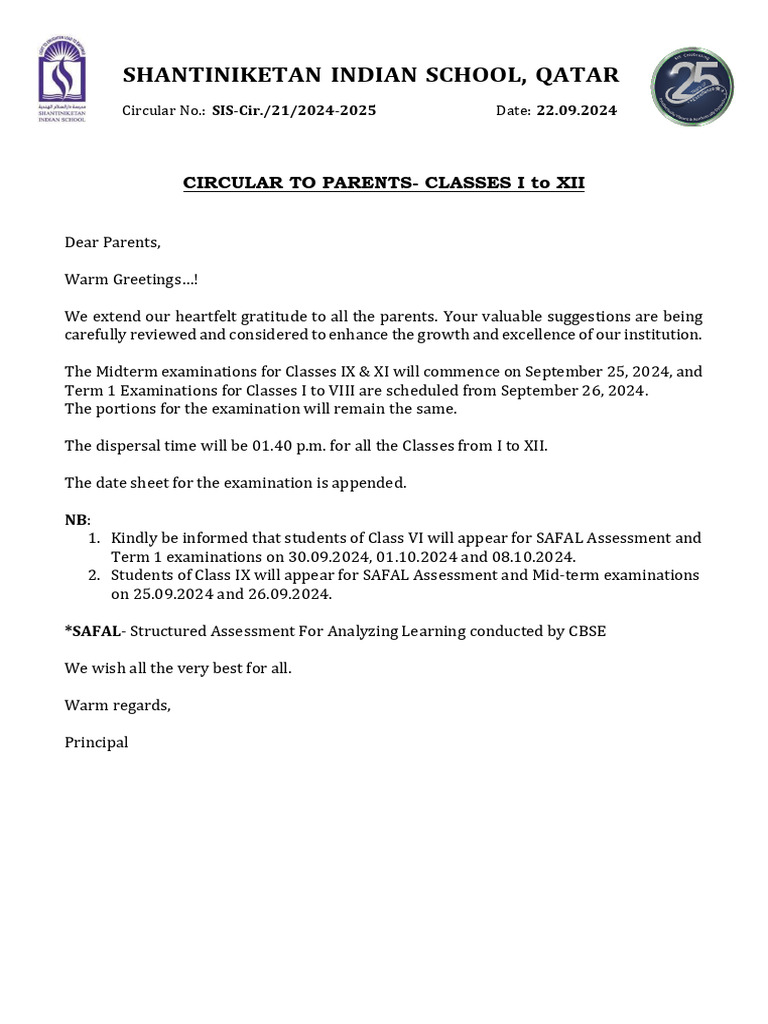 Circular-21 - Term 1 & Midterm Examination For Classes I To IX & XI | PDF | Social Sciences ...