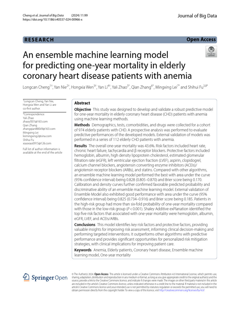 An Ensemble Machine Learning Model For Predicting One-Year Mortality in Elderly Coronary Heart ...