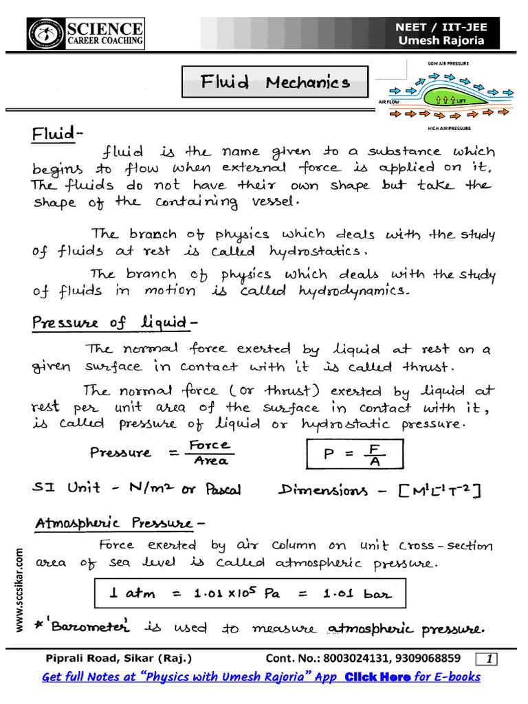 Fluid Mechanics Notes Neet Jee Pdf Physics Physical Sciences
