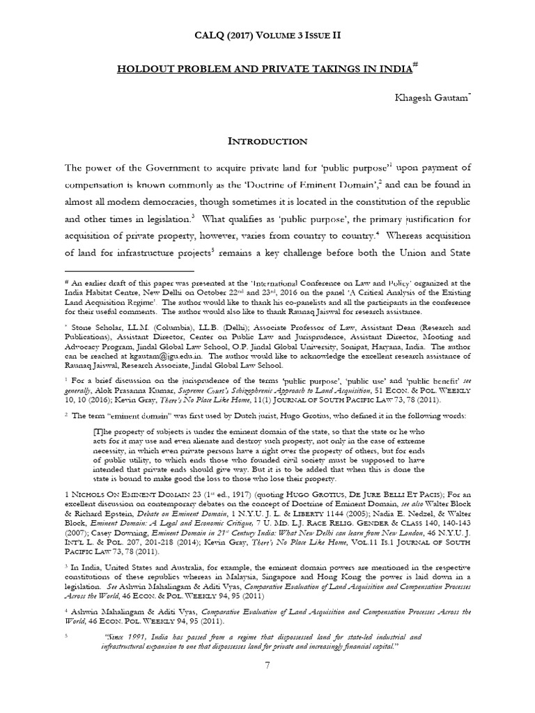(2017) Khagesh Gautam, Holdout Problem | PDF | Eminent Domain | Economies