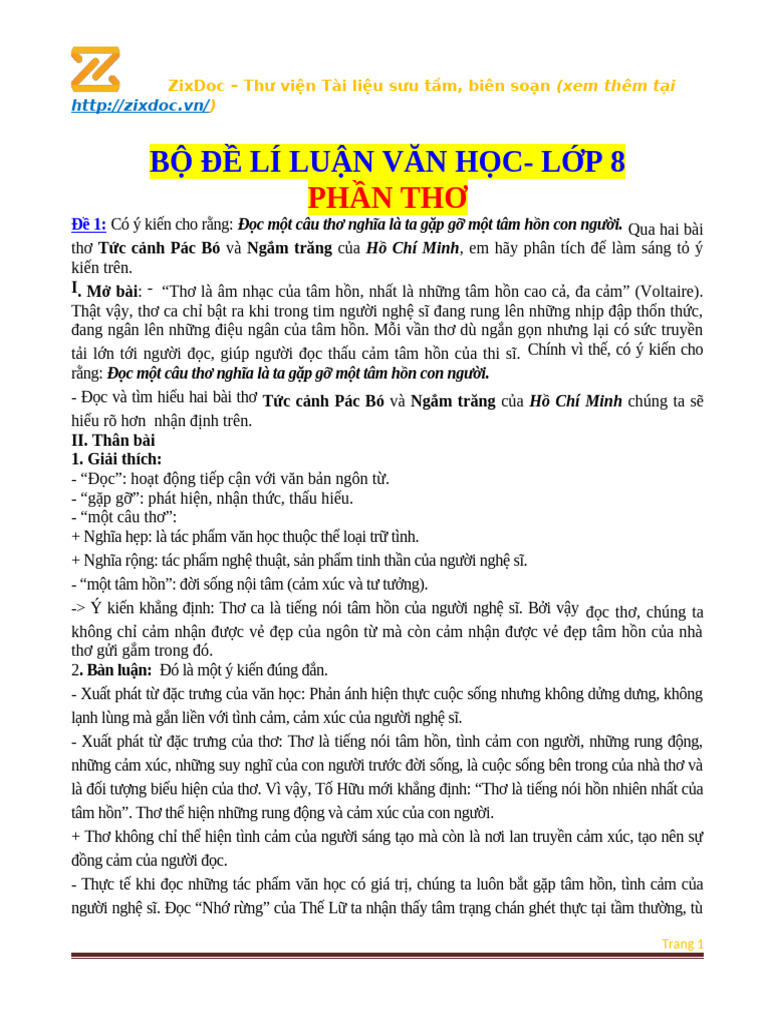 Bo de de Li Luan Van Hoc Tho Lop 8 | PDF