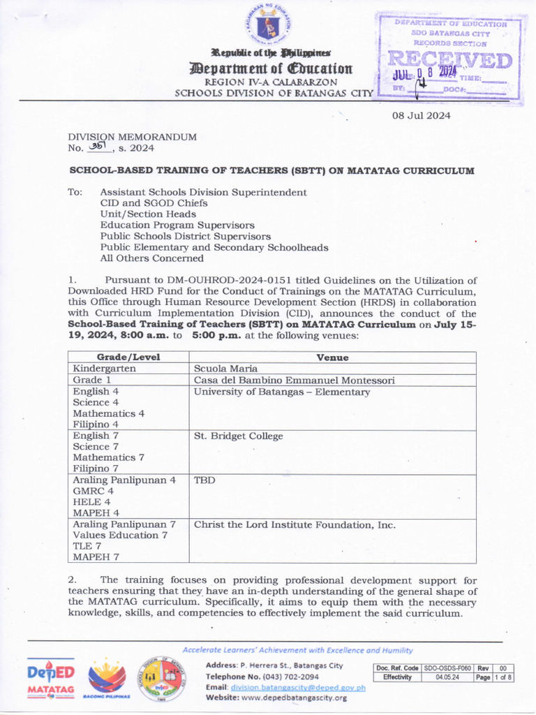 DIVISION MEMORANDUM No. 351, s.2024 School-Based Training of Teachers ...