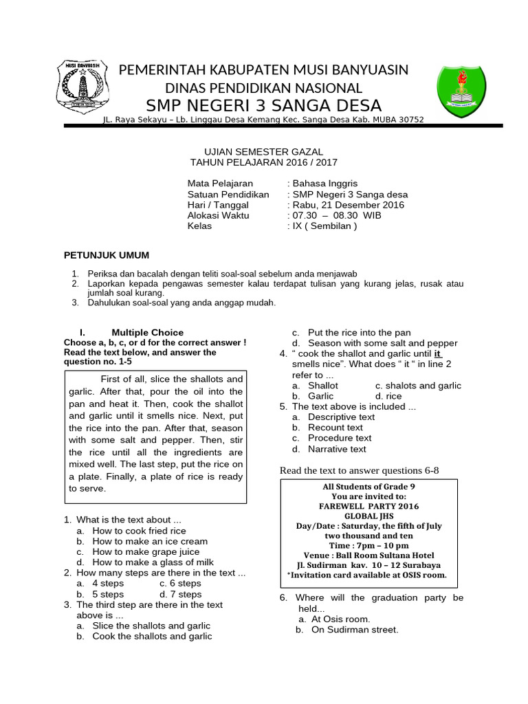 Soal Semester Ganjil Kls 9 | PDF | Cuisine | Foods