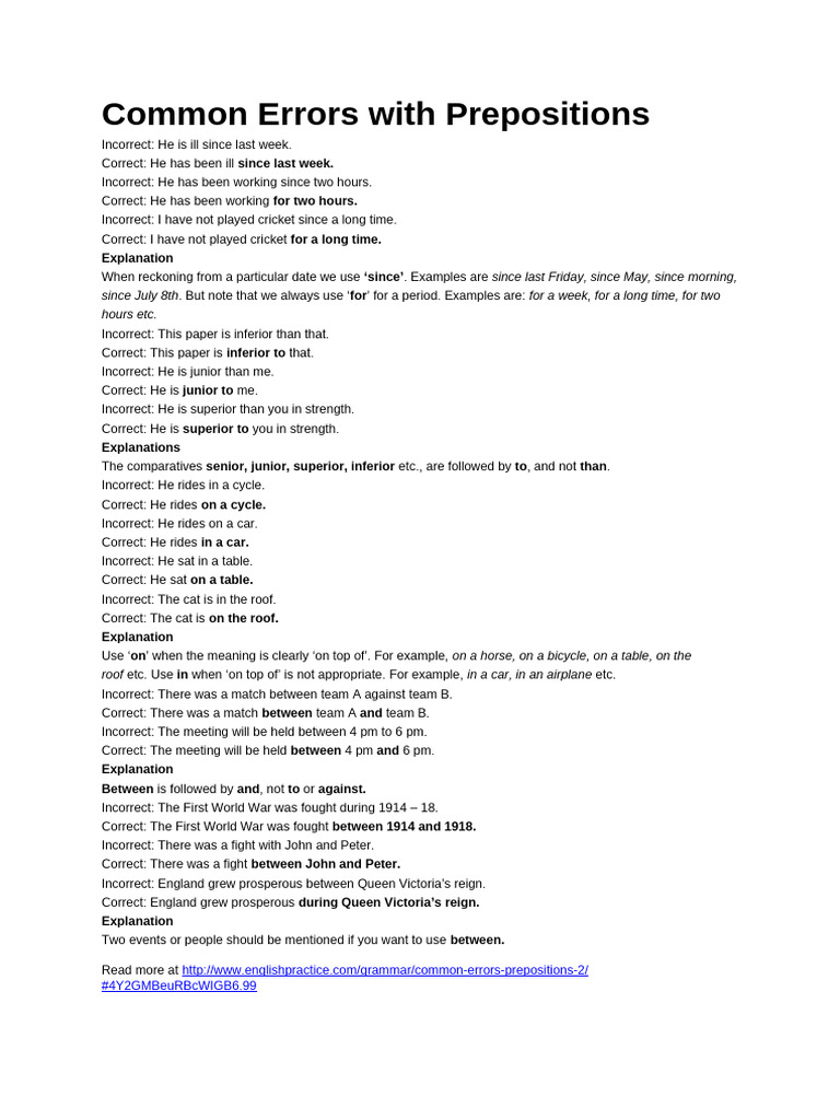 Common Errors With Prepositions | PDF | Preposition And Postposition | Syntax