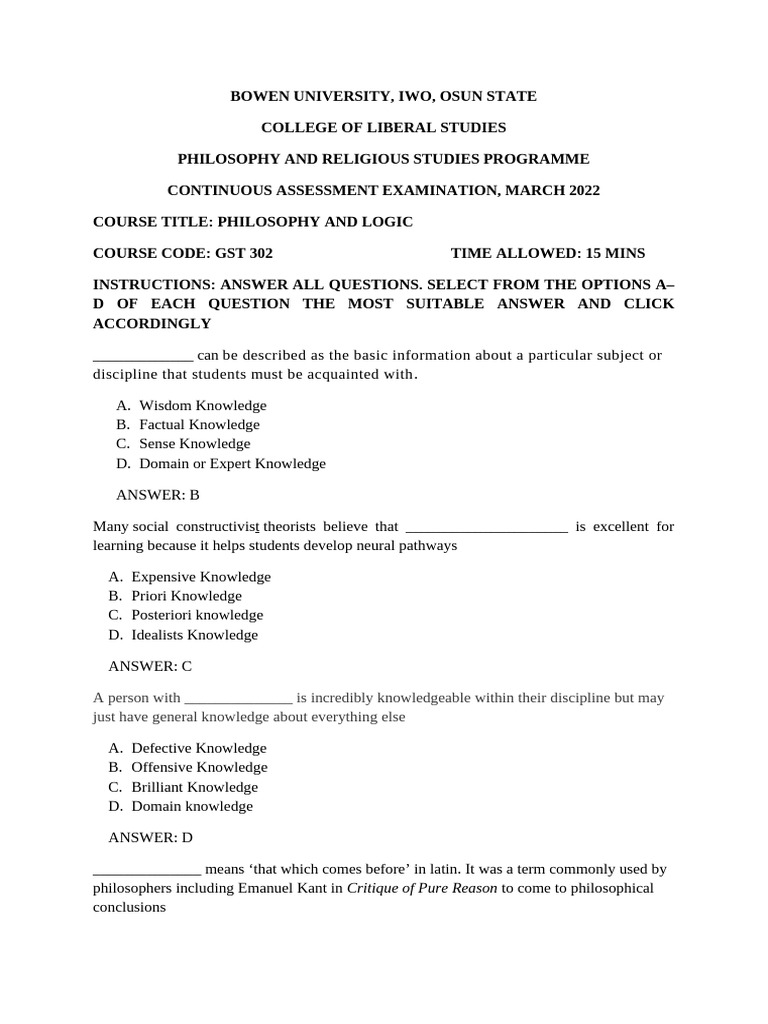 Philosophy & Logic Exam GST 302 | PDF | Argument | Reason