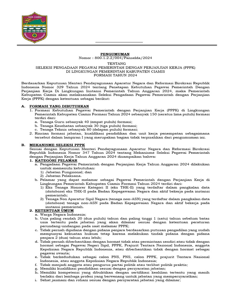 PENGUMUMAN SELEKSI PENGADAAN PPPK PEMKAB CIAMIS FORMASI TAHUN 2024 - Signed | PDF