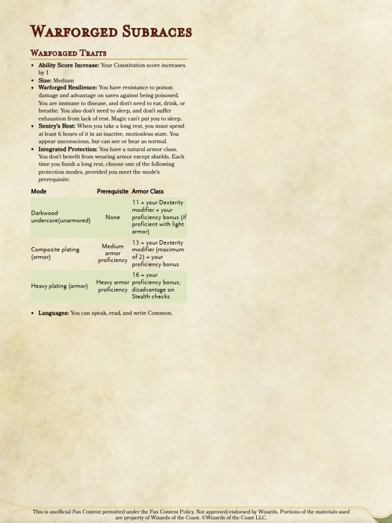 Warforged Subraces - GM Binder | PDF