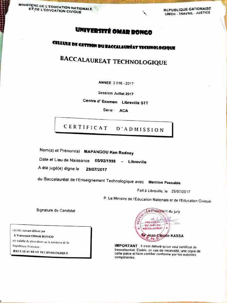 Certificat BAC Et Relevé de Notes R. MAPANGOU | PDF