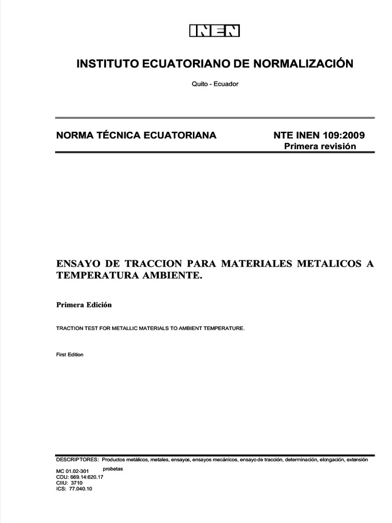 PDF Nte Inen 109 Ensayos de Traccion - Compress | PDF | Rendimiento (ingeniería) | Elasticidad ...