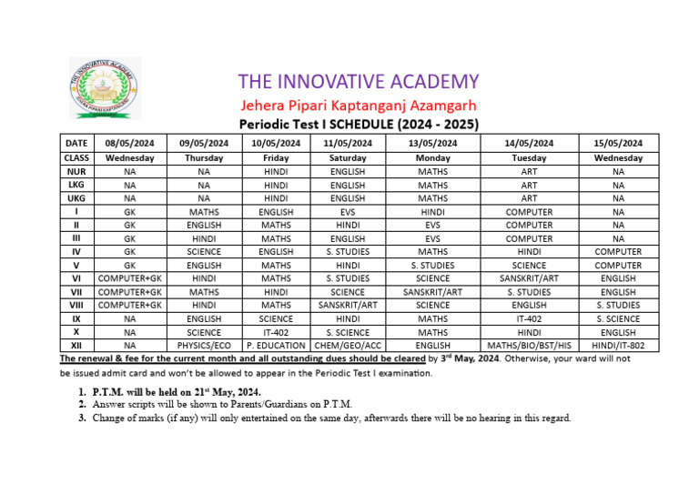 Periodic Test I Schedule 2024 | PDF