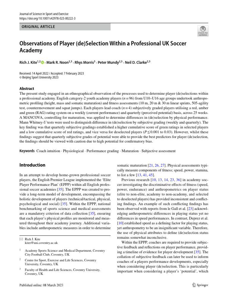 Observations of Player (De) Selection Within A Professional UK Soccer ...