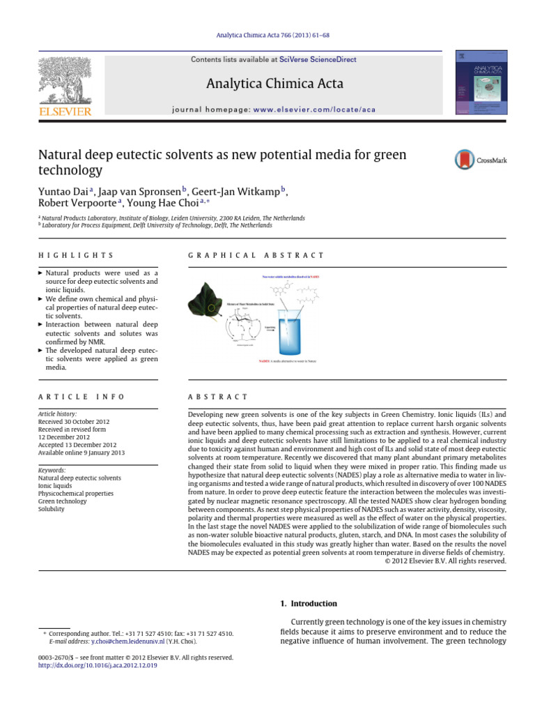 Natural Deep Eutectic Solvents in Green Tech | PDF | Two Dimensional ...