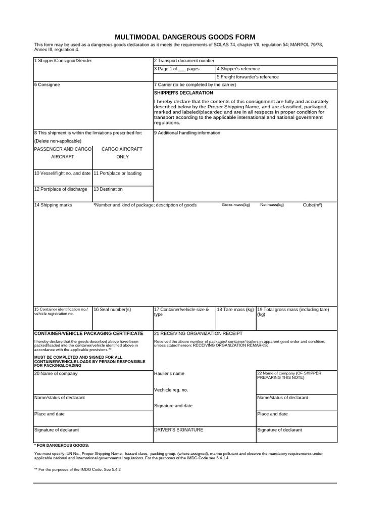 Fi Freight Multimodal Dangerous Goods Form | PDF | Cargo | Dangerous Goods