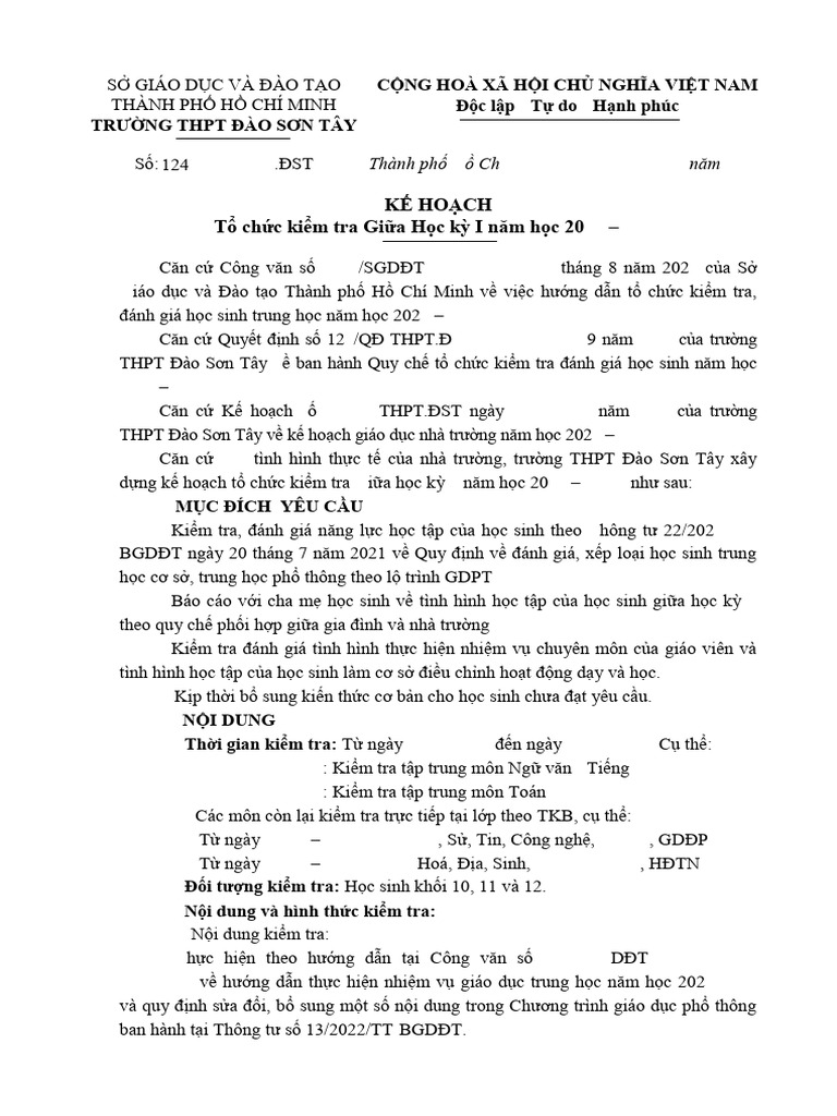 Kế Hoạch Tổ chức kiểm tra Giữa Học kỳ I năm học 2024 - 2025 | PDF