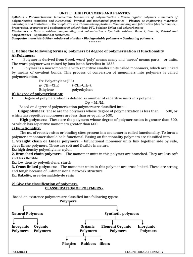 Applied Chemistry UNIT - 1 | PDF | Polymers | Polymerization
