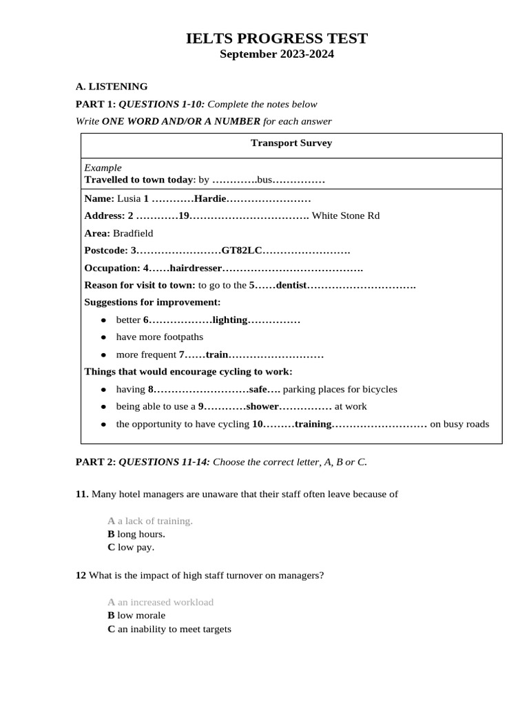 Ielts Progress Test - Sep.2023 | PDF | Parental Leave | Family